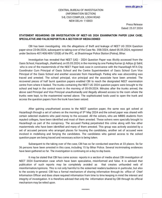 NEET-UG 2024: from stealing to sharing, CBI reveals sequence of paper ...